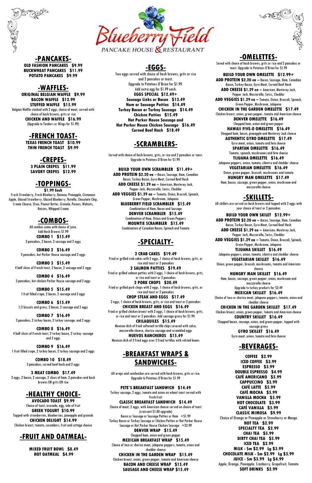Blueberry Field Restaurant | South Holland - Menu